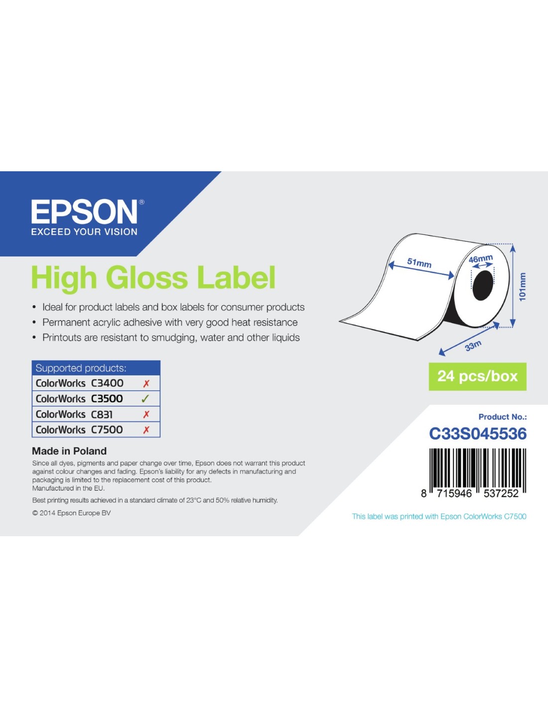 Epson High Gloss Label - Continuous Roll: 51mm x 33m