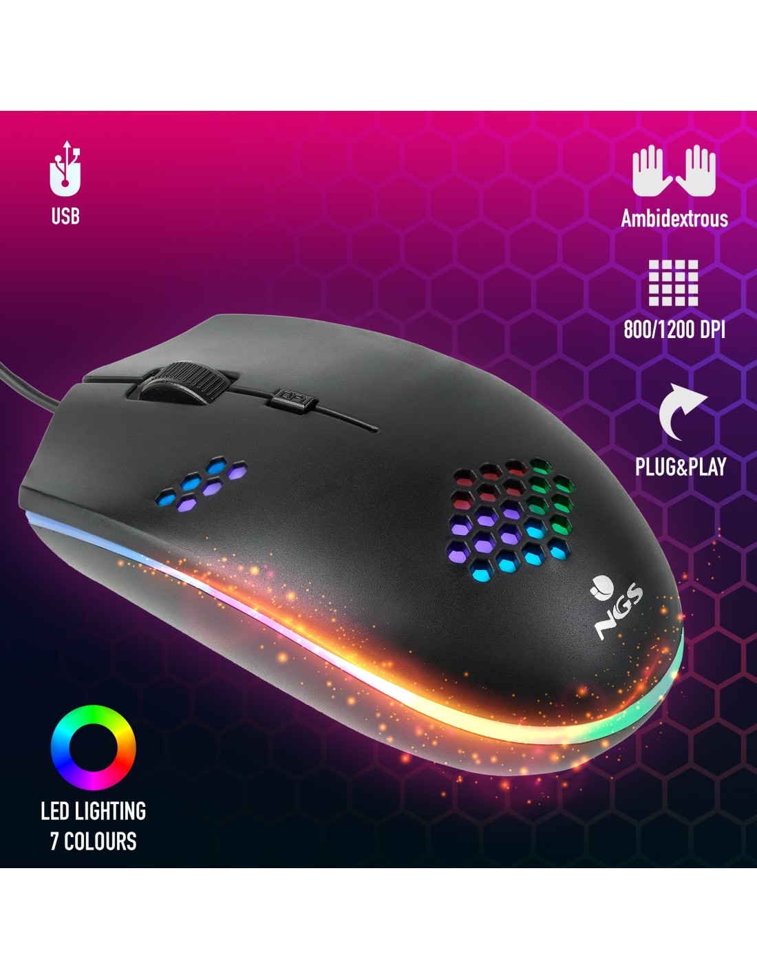 NGS GMX-120 ratón Ambidextro USB tipo A Óptico 1200 DPI